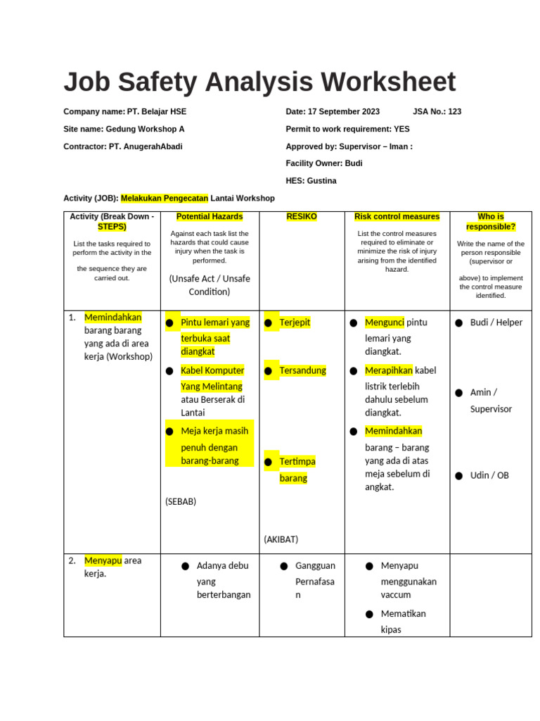 Job Safety Analysis Worksheet - Latihan-3 | PDF | Hazards | Labor Relations