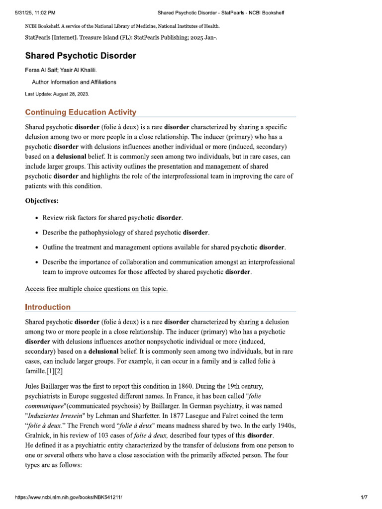Shared Psychotic Disorder. | PDF