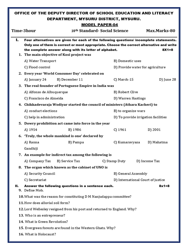 10th STD Social Science Practice Paper-04 Eng Version 2023 by Mysore | PDF