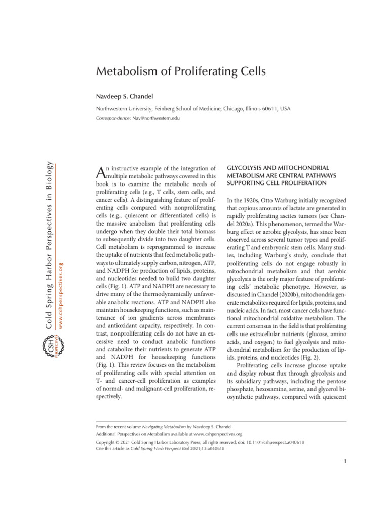 Metabolism of Proliferating Cells (Chandel, 2021) | PDF | Diet ...