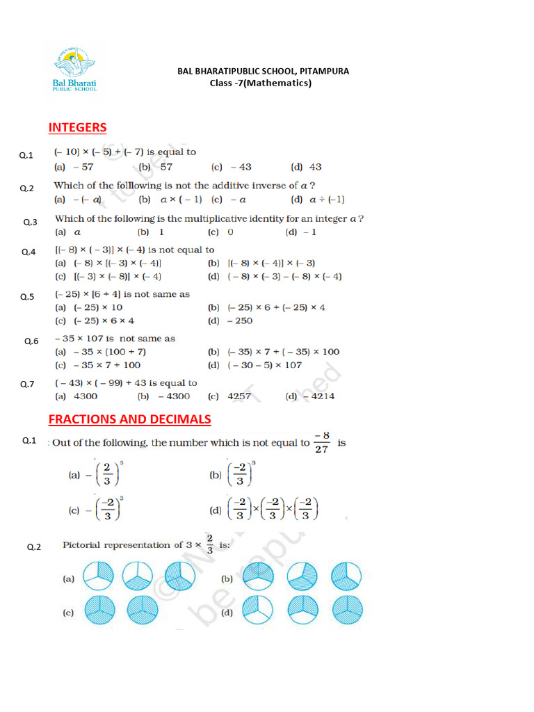 Revision Assignment Class 7 Maths Hy | PDF