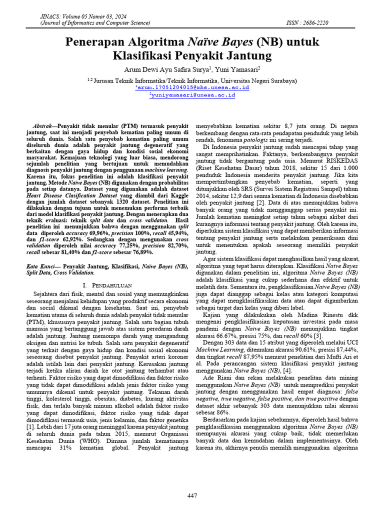Penerapan Algoritma (NB) Untuk Klasifikasi Penyakit Jantung: Naïve ...