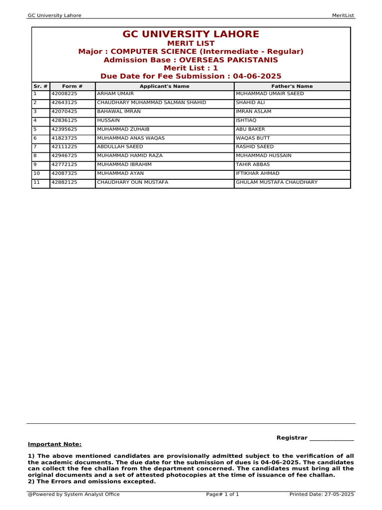 Intermediate Computer Science Regular Oversea Pakistani 1st List | PDF