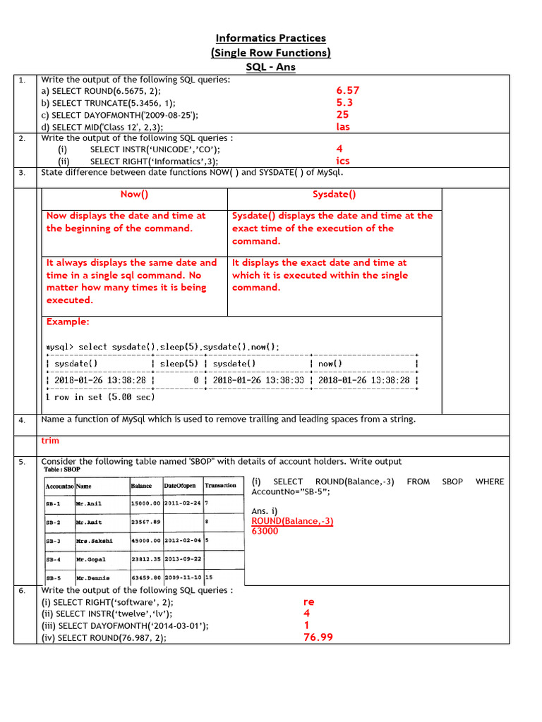 Worksheet 14 - Only Ans - Single Row Function | PDF | Chess Openings | Chess