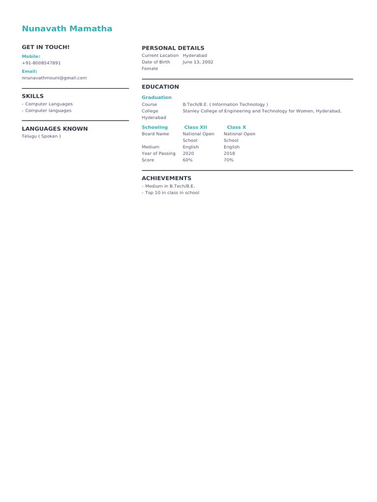 Nunavath Mamatha Resume-27 | PDF
