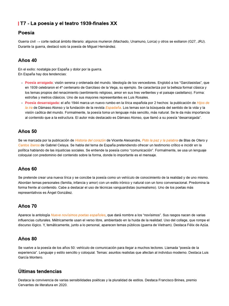 T7 - La Poesía y El Teatro 1939-Finales XX | PDF | Poesía | Teatro