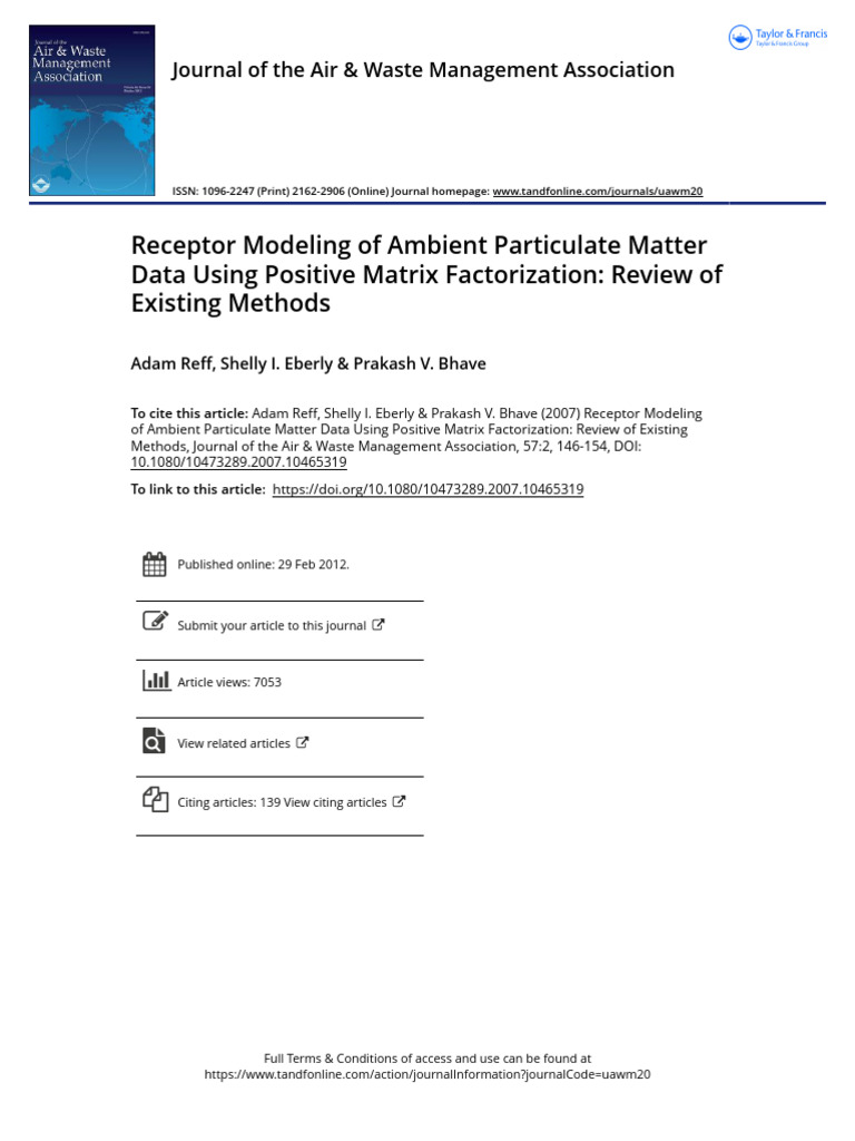 Receptor Modeling of Ambient Particulate Matter Data Using Positive Matrix Factorization Review ...