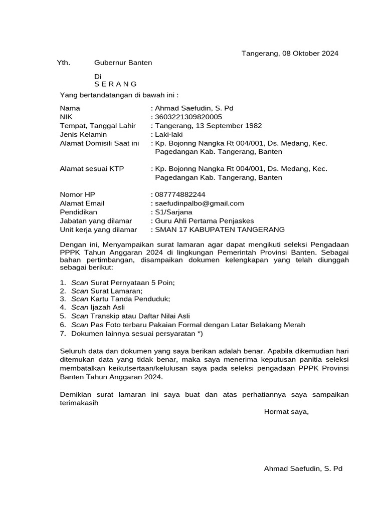 Format Surat Lamaran PPPK 2024 Pak Sae | PDF