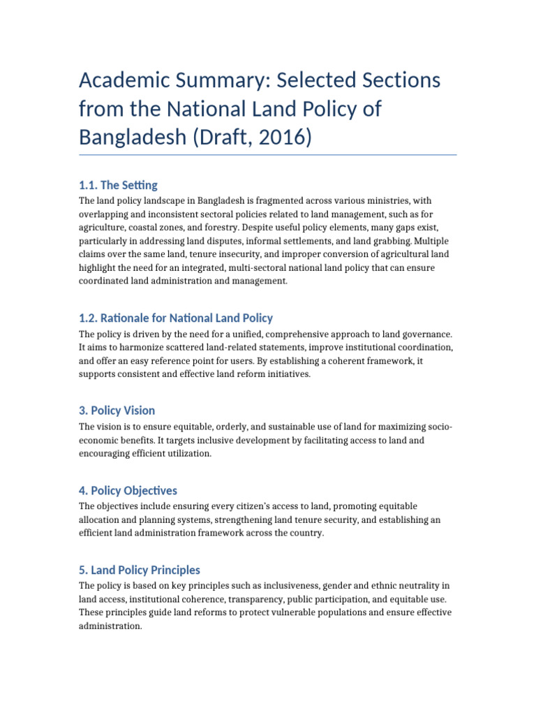 Bangladesh National Land Policy Overview | PDF | Policy | Governance