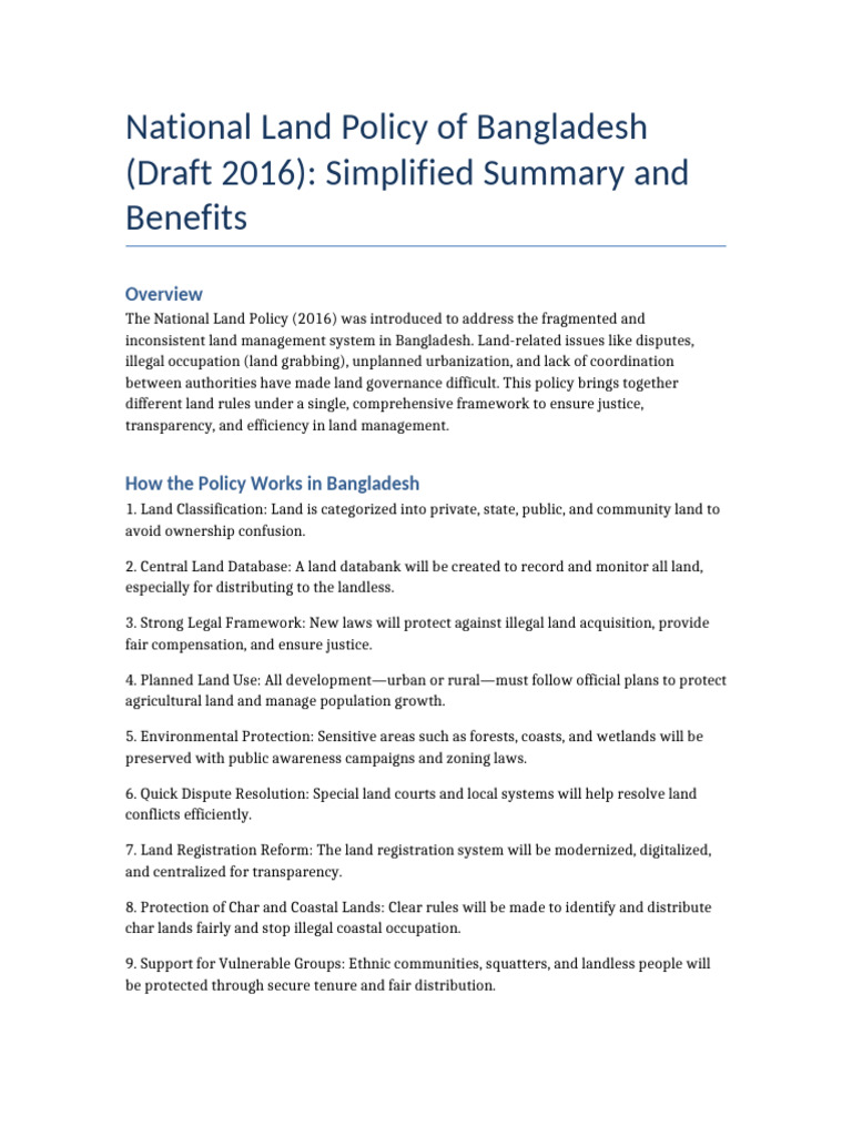 National Land Policy Summary and Benefits | PDF | Land Use