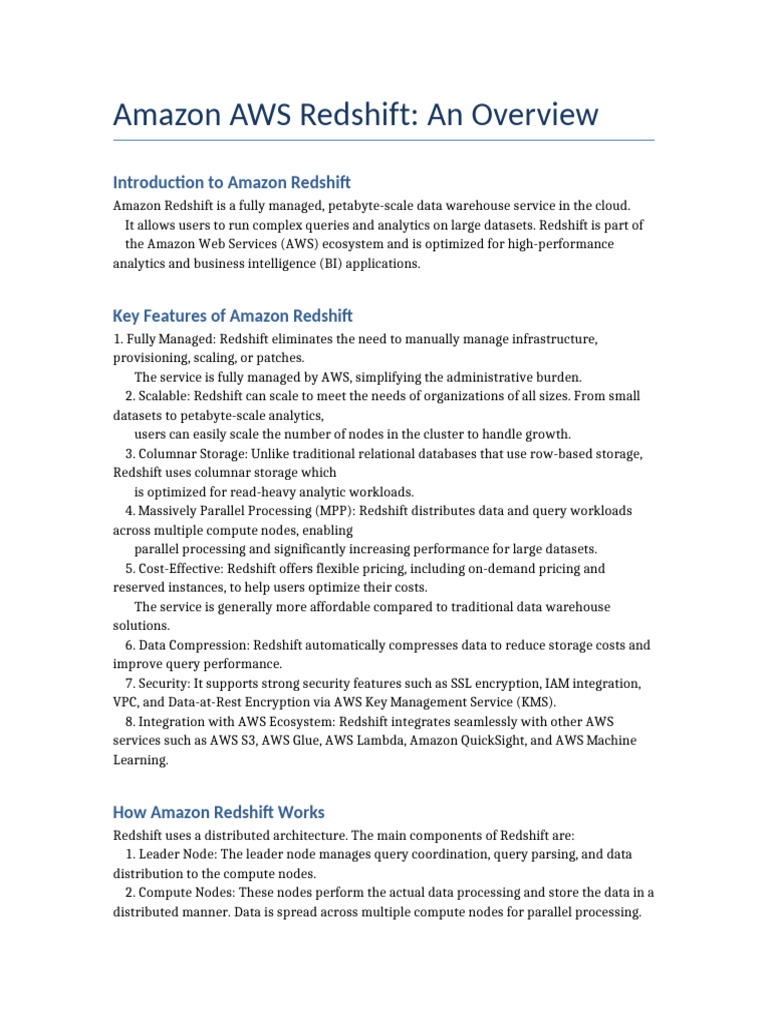 Amazon AWS Redshift Overview | PDF | Amazon Web Services | Scalability