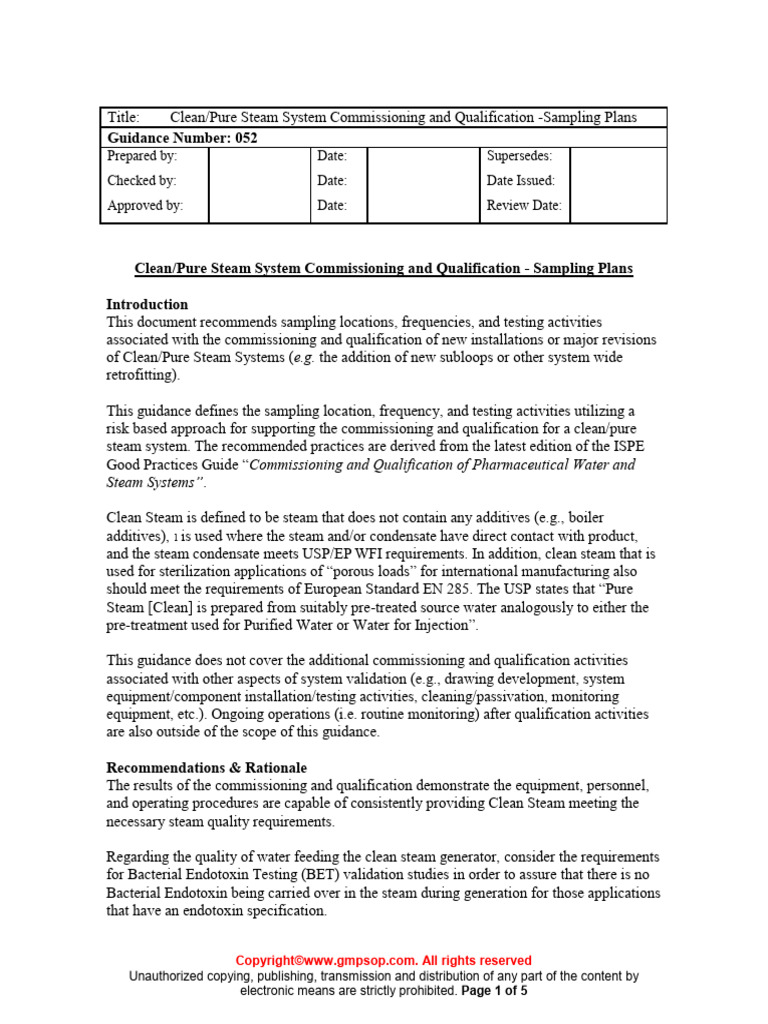 Guidance 052 Clean Pure Steam System Commissioning and Qualification ...