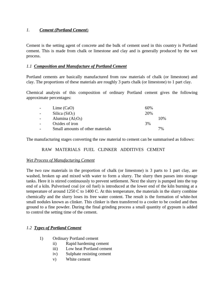 Portland Cement: Composition & Types | PDF | Lime (Material) | Concrete