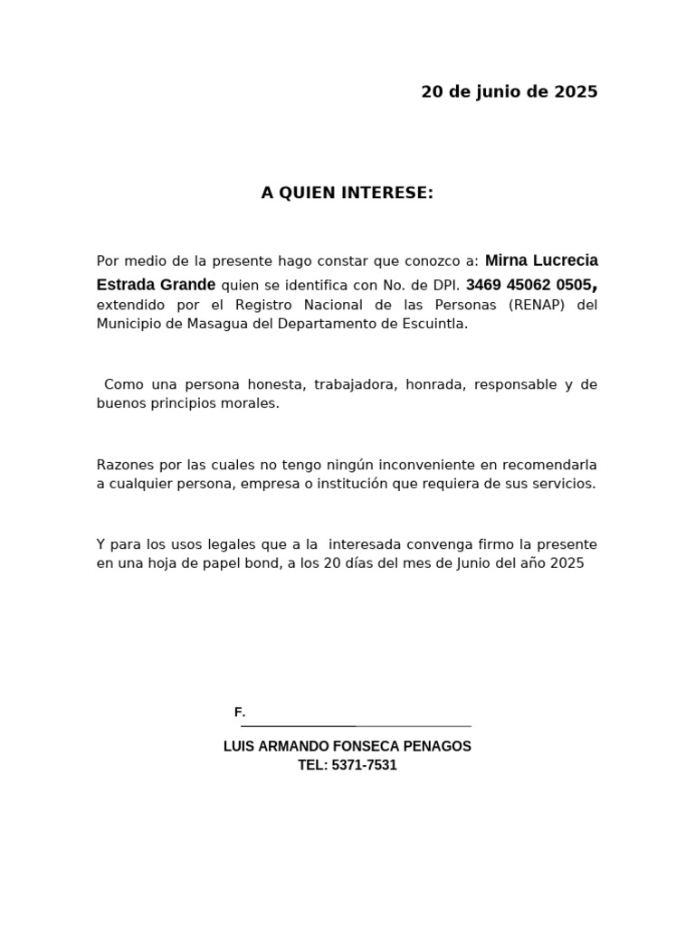 Recomendación para Mirna Lucrecia Estrada | PDF