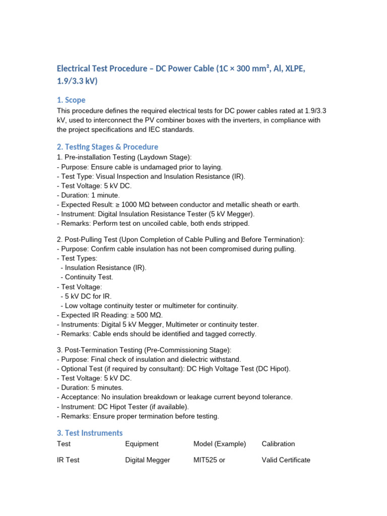 DC Cable Electrical Test Procedure | PDF | Insulator (Electricity ...