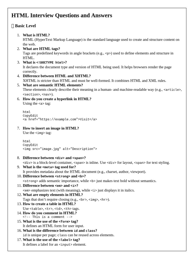 HTML Interview Questions and Answers | PDF | Html | Html Element