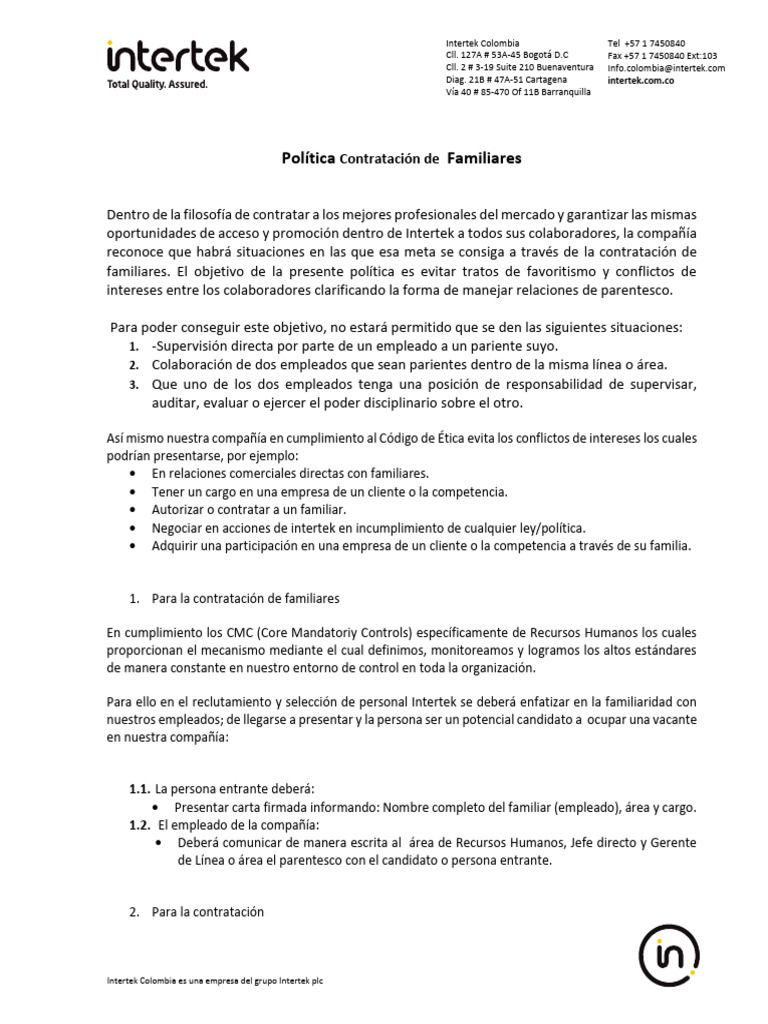 Política De Contratación De Familiares En Intertek Pdf Gestión De