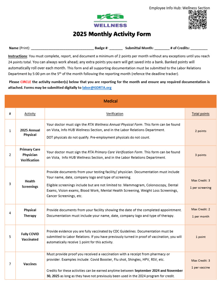 2025 Employee Wellness Activity Form | PDF | Physical Fitness | Medicine