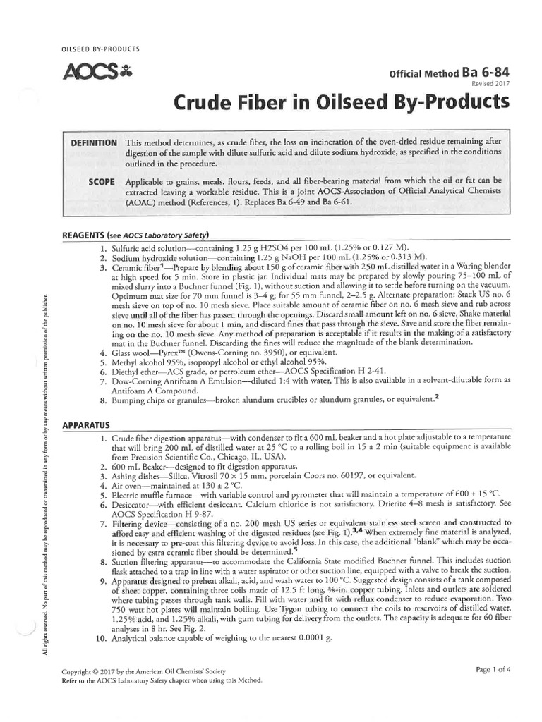 AOCS Ba6-84 (Crude Fiber in Oilseed By-Products) | PDF