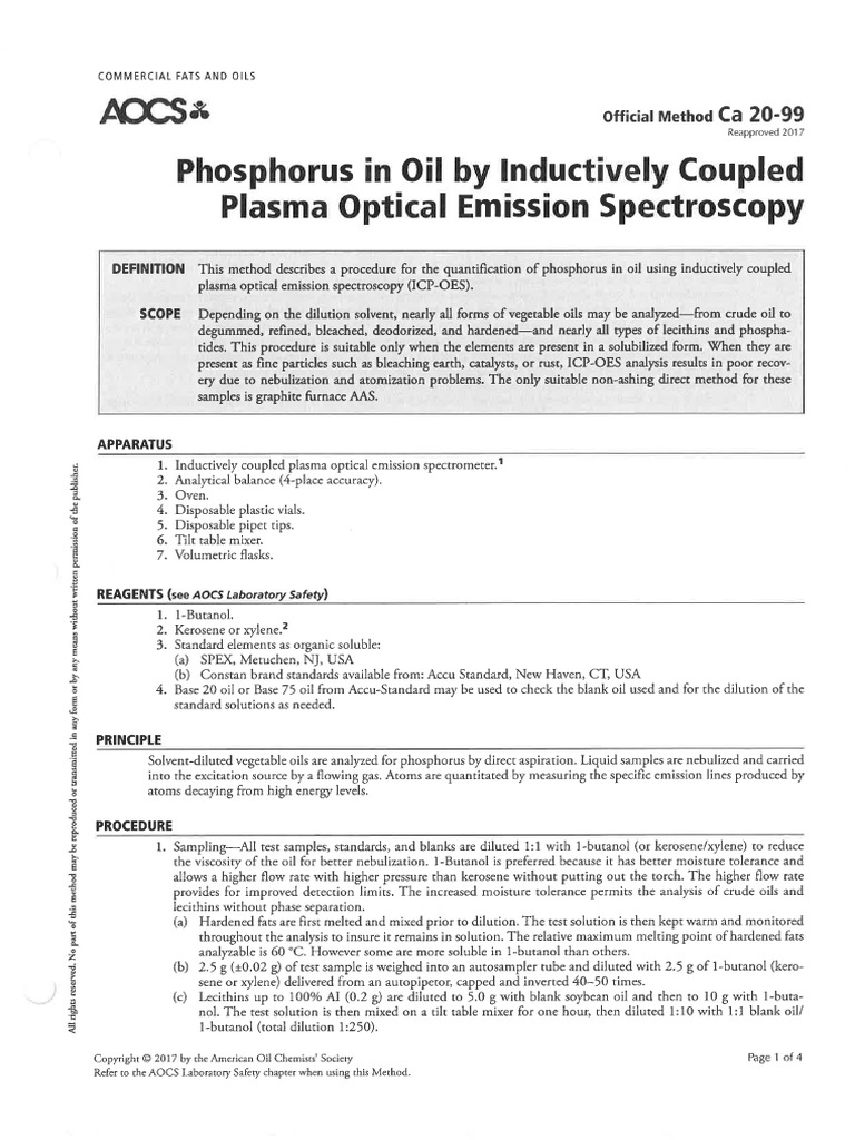 AOCS Ca20-99 (Phosphorus in Oil by Inductively Coupled Plasma Optimal ...