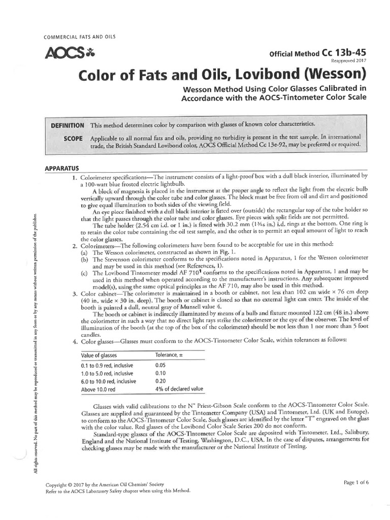 AOCS Cc13b-45 (Color of Fats Ad Oils, Lovibond (Wesson) ) | PDF