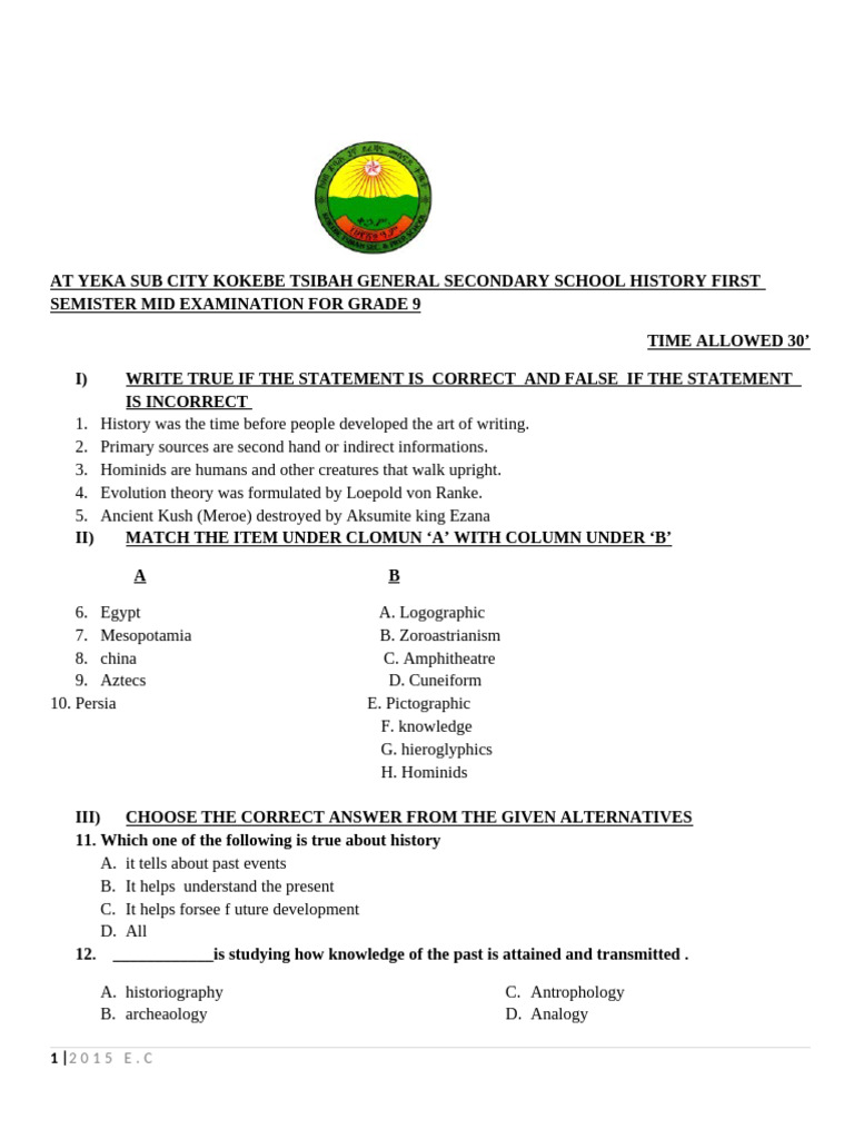 Grade 9 History Exam: Ancient Civilizations | PDF
