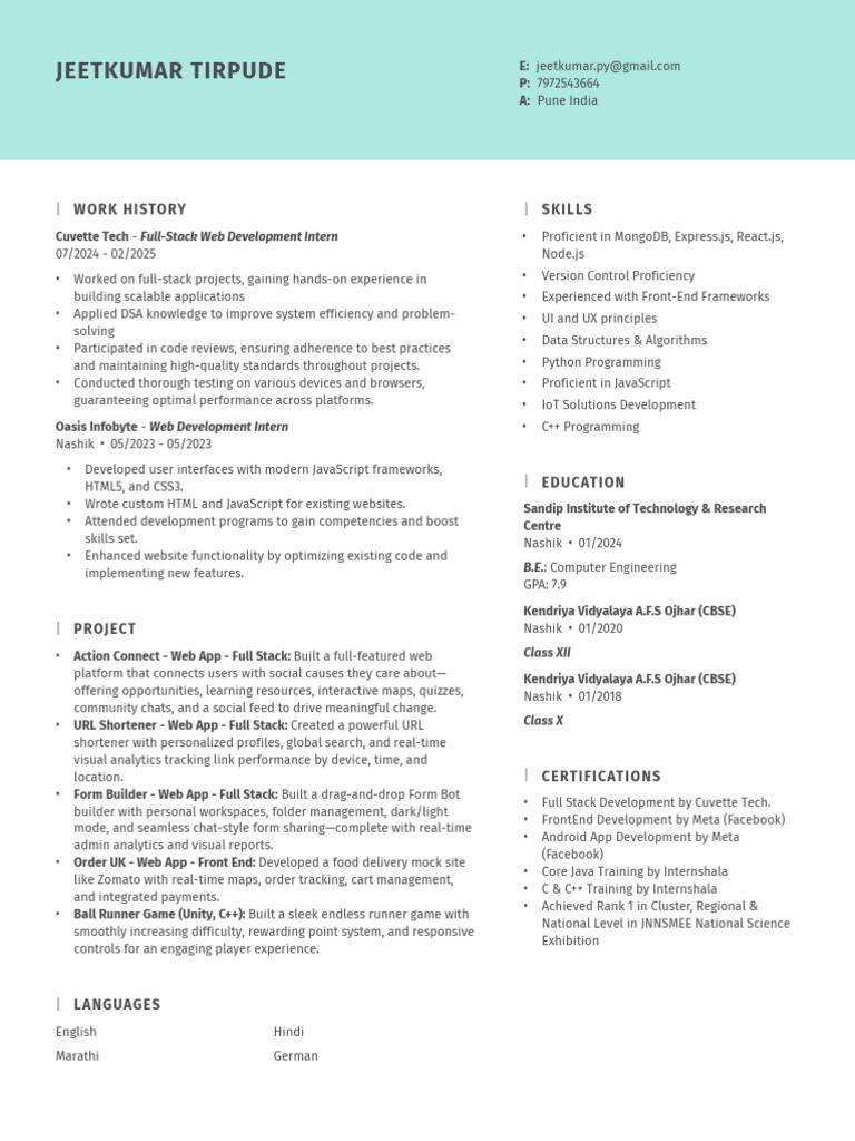 CopyOfJeetKumar Tirpude Resume | PDF | Web Development | Java Script