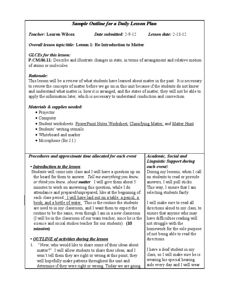 Sample Outline For A Daily Lesson Plan | PDF | Homework | Classroom