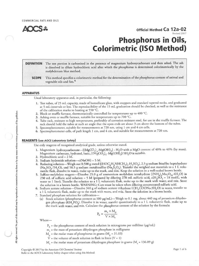 AOCS CA 12a-02 (Phosphorus in Oils, Colorimetric ISO Method) | PDF