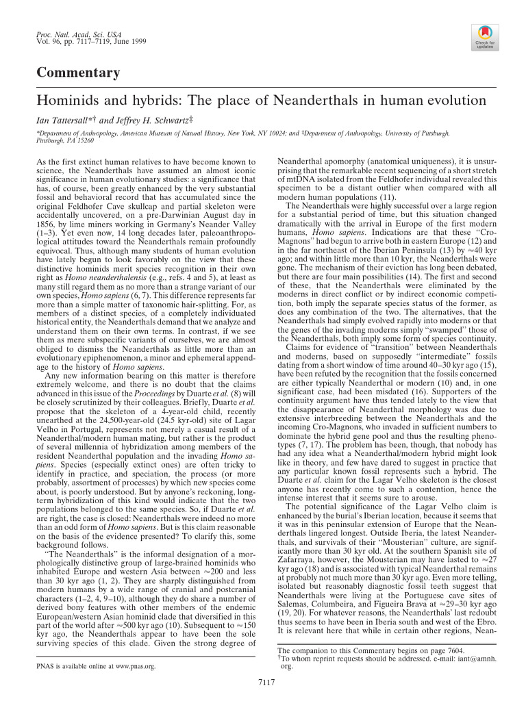 Tattersall Schwartz Hominids and Hybrids The Place of Neanderthals in Human Evolution | PDF ...
