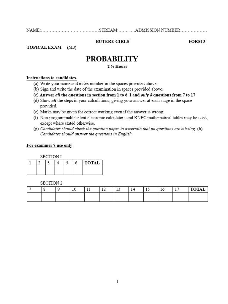 Form 3 Probability Exam Paper | PDF | Odds | Probability