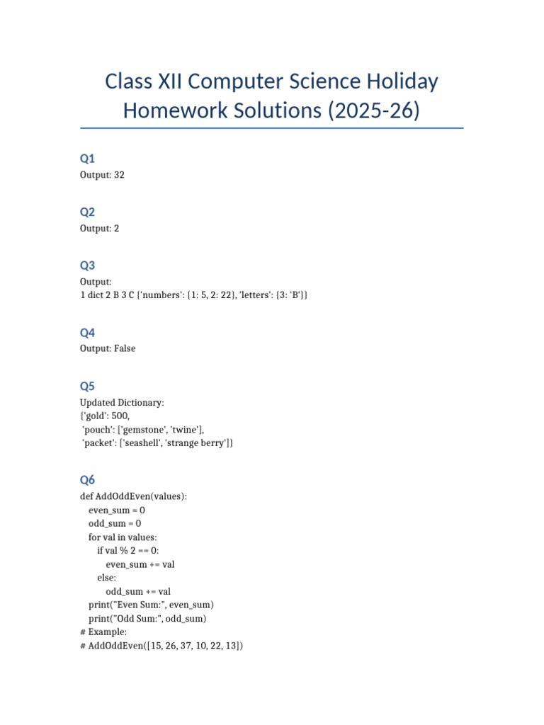 CS Holiday Homework Solutions | PDF