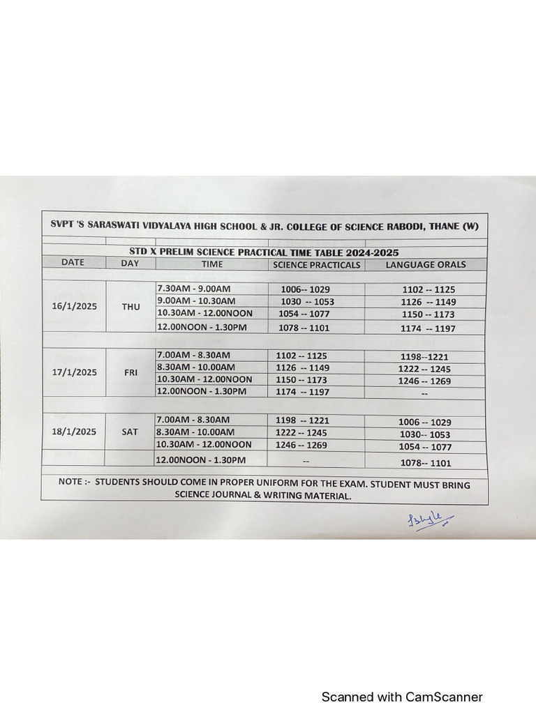 Prelims Science Practical Time Table | PDF