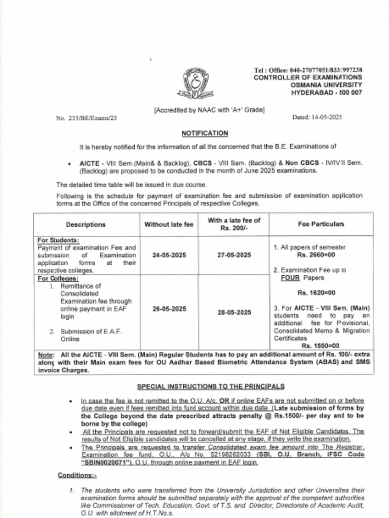 OU BE VIII Semester Exams Notification June 2025 | PDF