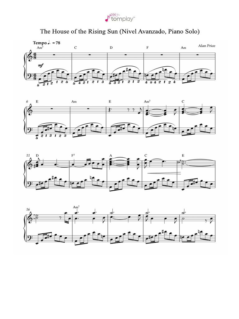 The House of The Rising Sun (Nivel Avanzado, Piano Solo) | PDF