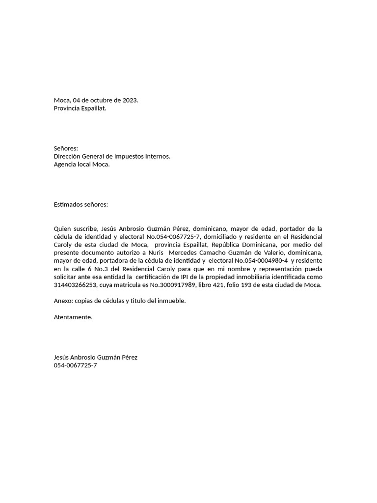 Carta A La Dgii Autorizando Tercera Persona Solicitud Ipi | PDF