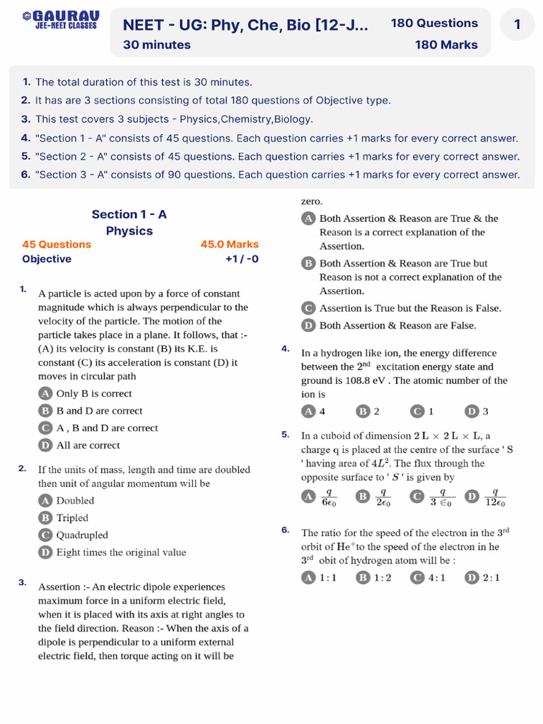Neet - Ug - Phy, Che, Bio (12-Jun) - QP - Double - Col | PDF