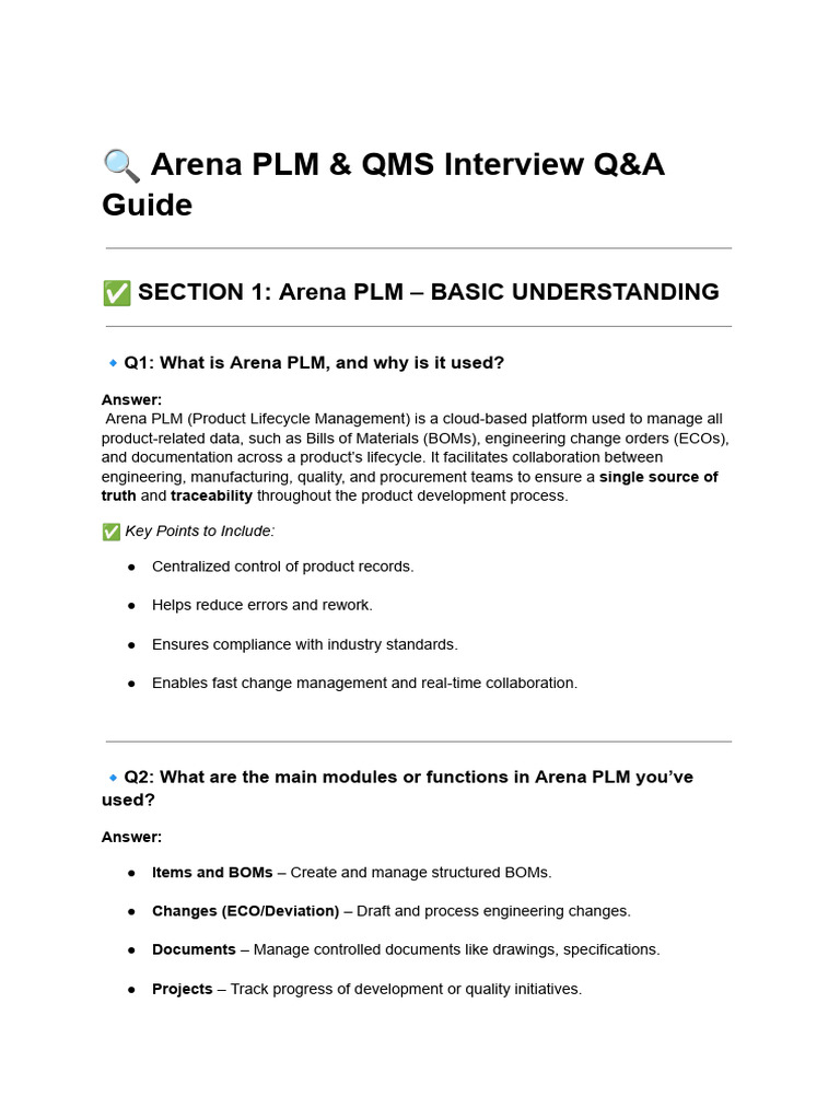 ? Arena PLM & QMS Interview Q&A Guide | PDF | Product Lifecycle