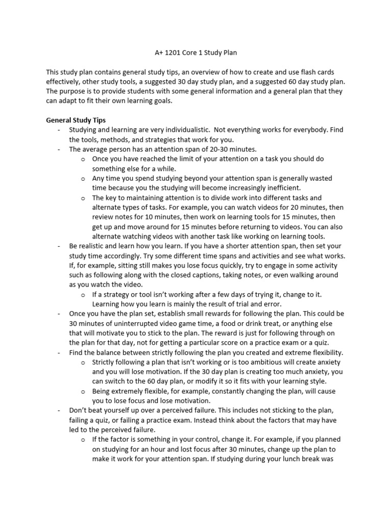 A 1201 Study Plan Pdf Flashcard Cognition