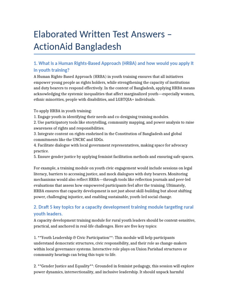 ActionAid Youth Capacity Development Written Test Answers | PDF ...