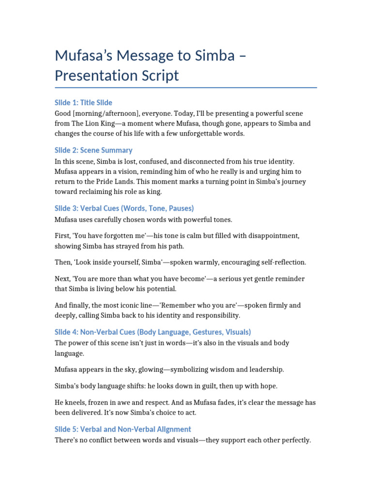 Mufasa Message Presentation Script | PDF