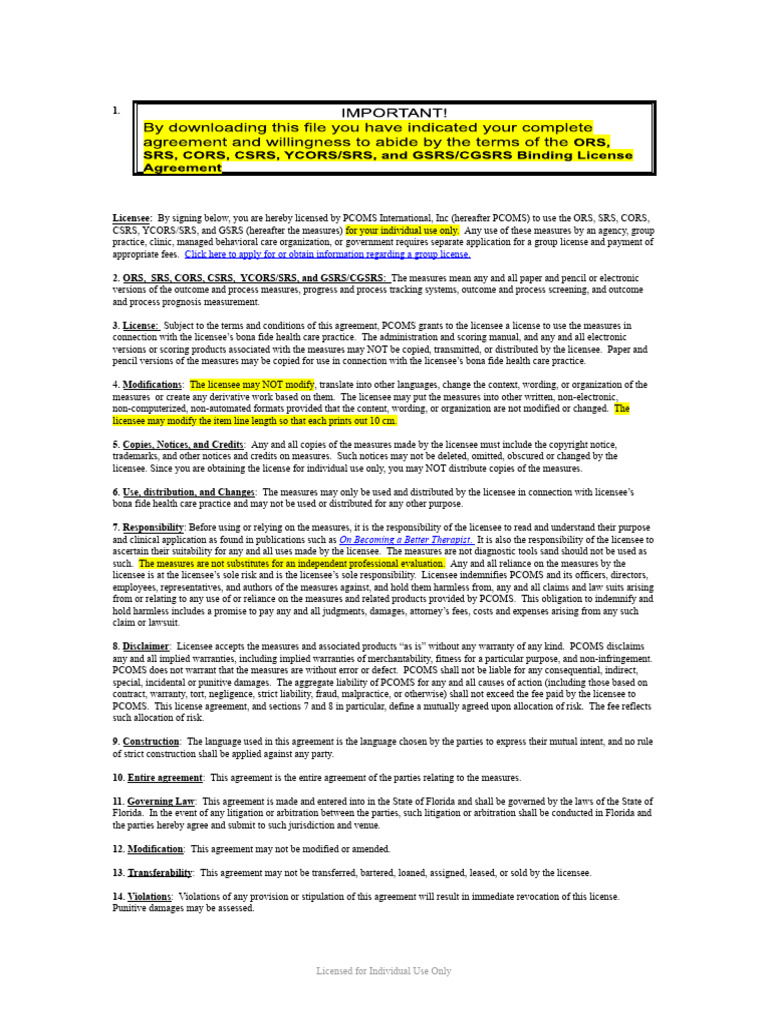 SRS ORS Scales and Licensing | PDF | Legal Liability | License