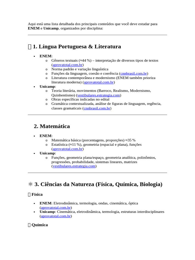 Aqui Está Uma Lista Detalhada Dos Principais Conteúdos Que Você Deve Estudar para ENEM e Unicamp ...