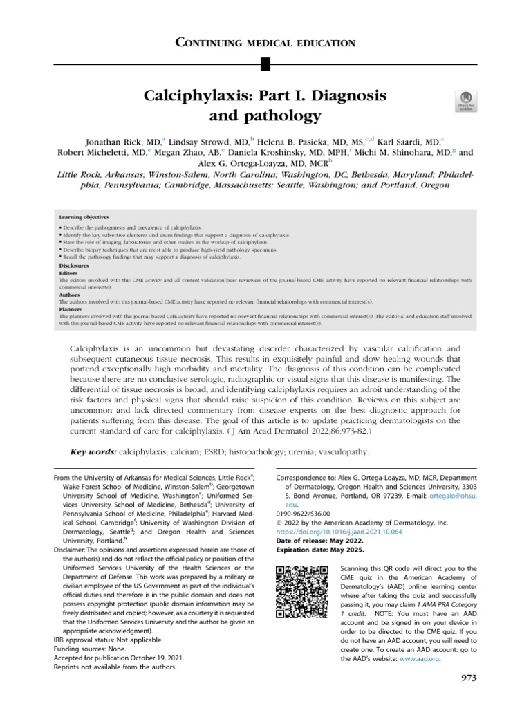 Jonathan Rick Calciphylaxis Part I Diagnosis and | PDF | Biopsy | Medicine