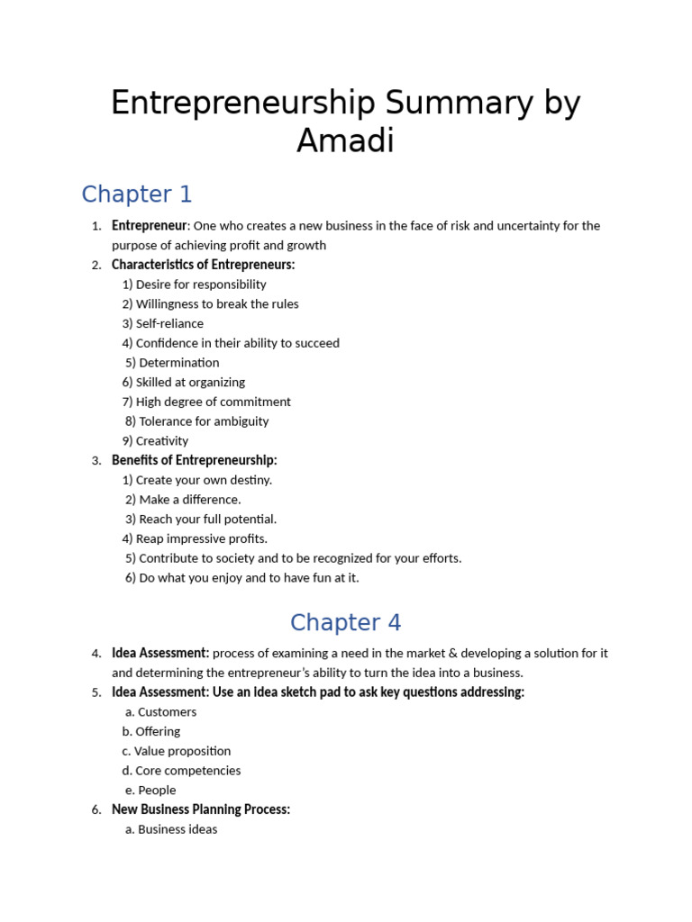 Entrepreneurship Summary by Amadi | PDF | Entrepreneurship | Creativity
