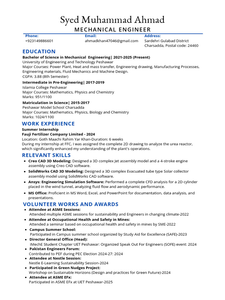 Syed Muhammad Ahmad Resume | PDF | Engineering