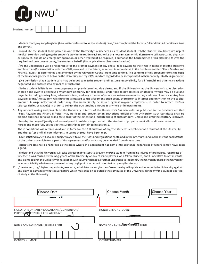 NWU Student Undertaking Form | PDF | Indemnity | Business Law
