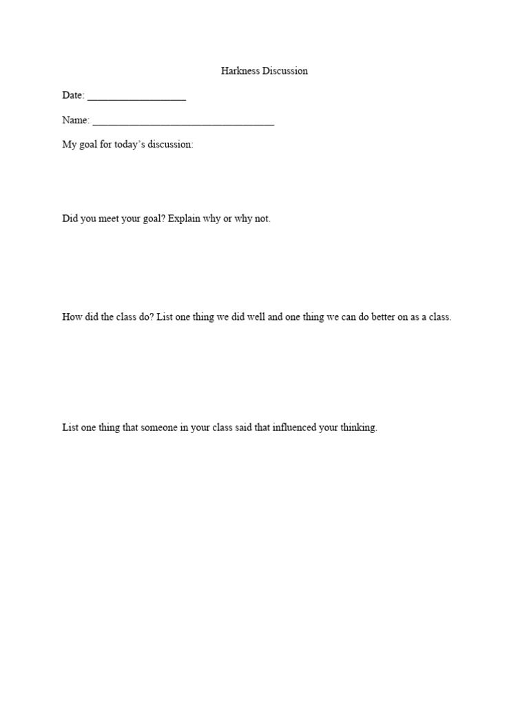 Harkness Discussion Students Goals and Reflection | PDF