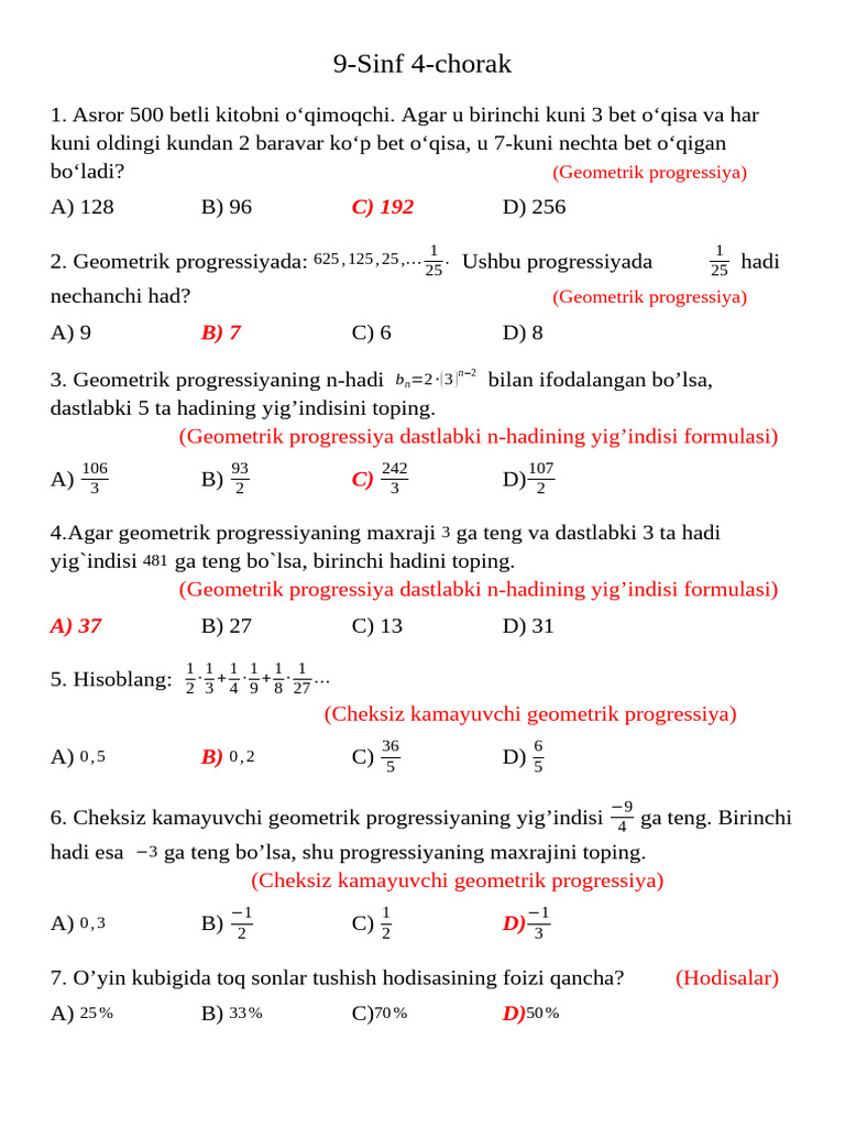 9 Sinf 4-Chorak | PDF