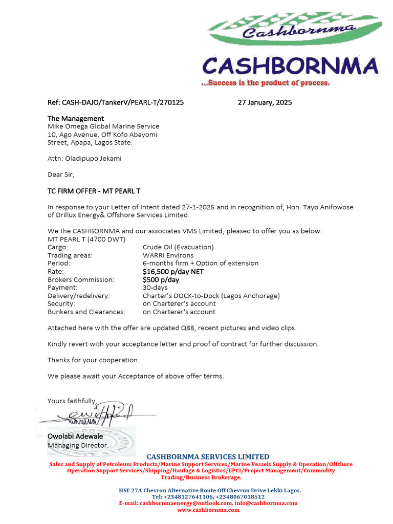 TC Offer for MT Pearl T Charter | PDF
